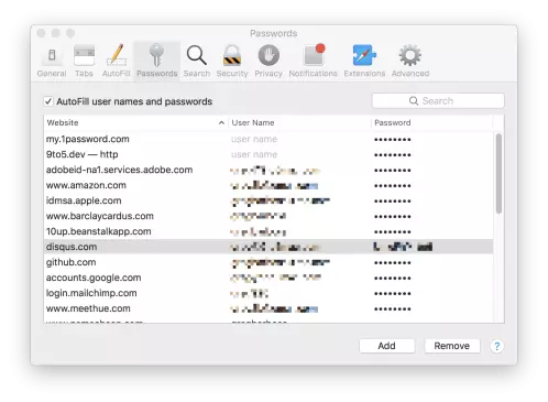 Lista tal-Passwords tal-Preferenzi tal-macOS Safari