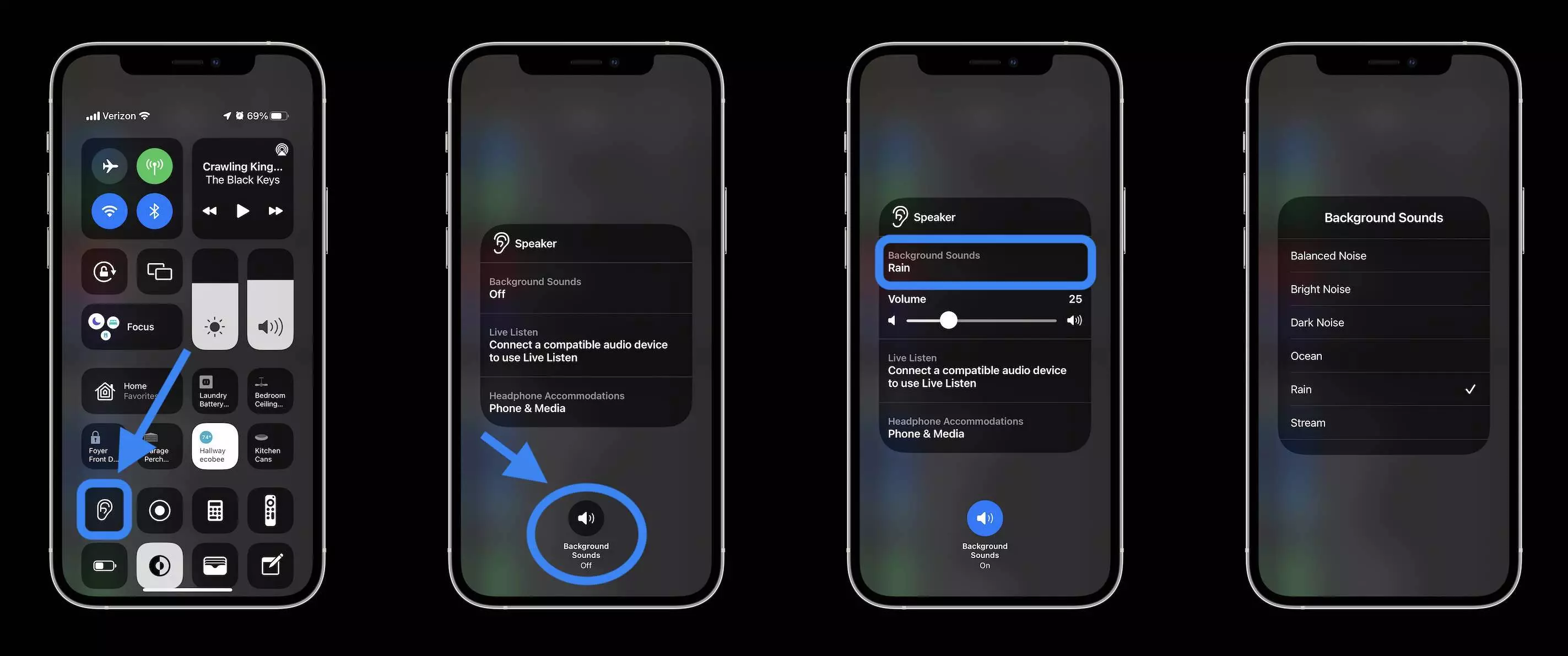 iOS 15 ನಿಯಂತ್ರಣ ಕೇಂದ್ರದಲ್ಲಿ iPhone ಹಿನ್ನೆಲೆ ಸೌಂಡ್ಗಳನ್ನು ಹೇಗೆ ಬಳಸುವುದು