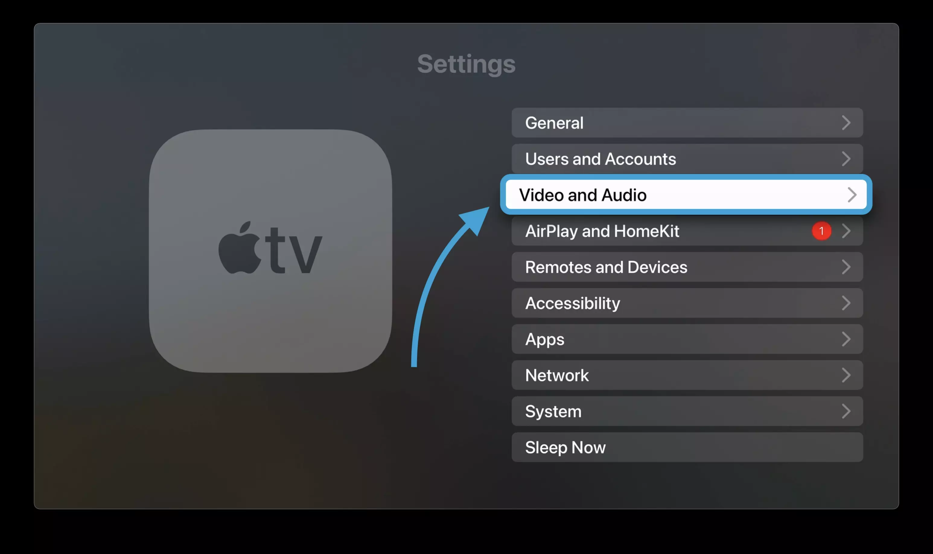 Paano itakda ang HomePod bilang mga default na speaker ng Apple TV walkthrough 1 - Piliin ang Video at Audio sa Mga Setting