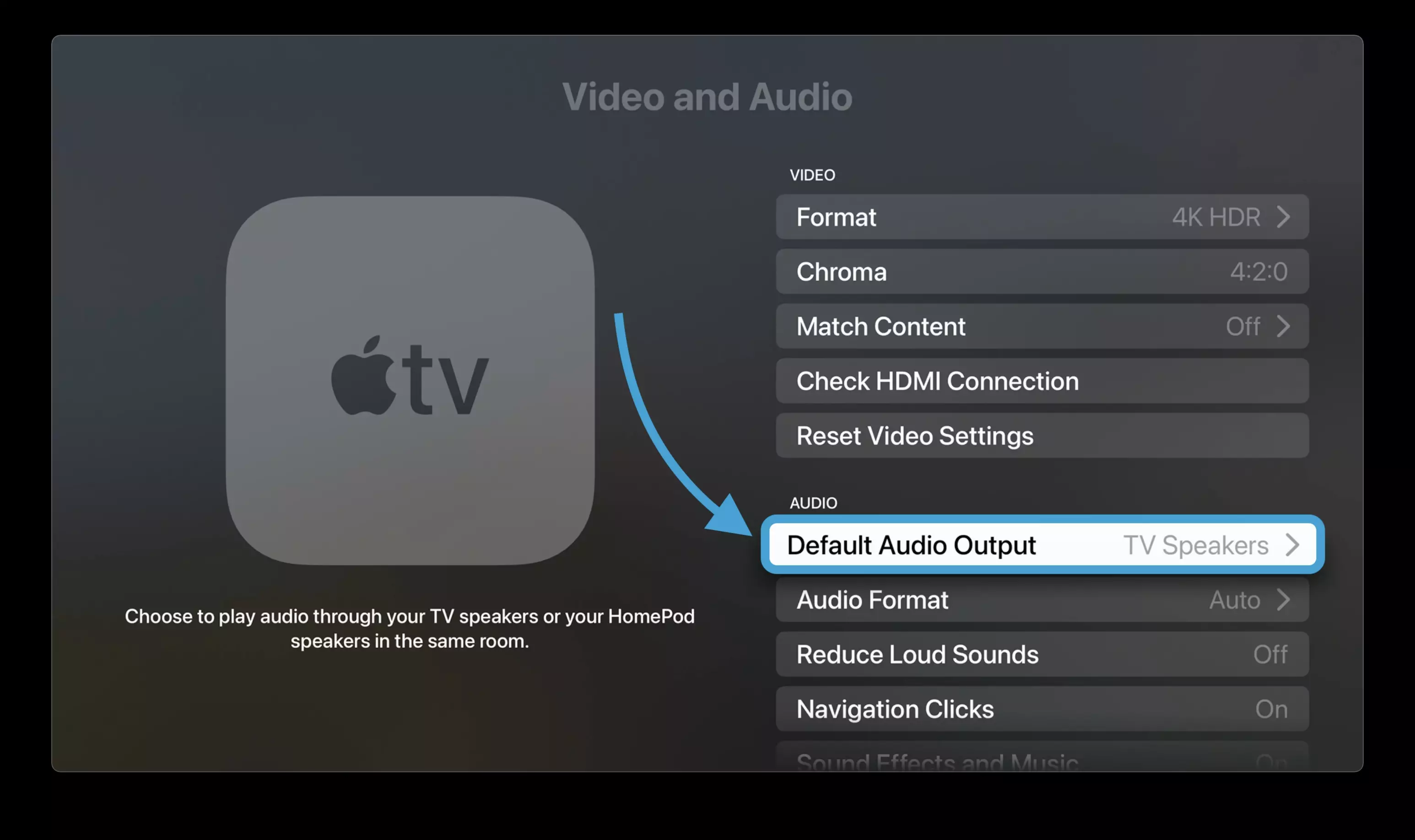 Como configurar o HomePod como altofalantes predeterminados de Apple TV. Paso 2 - Escolla a saída de audio predeterminada