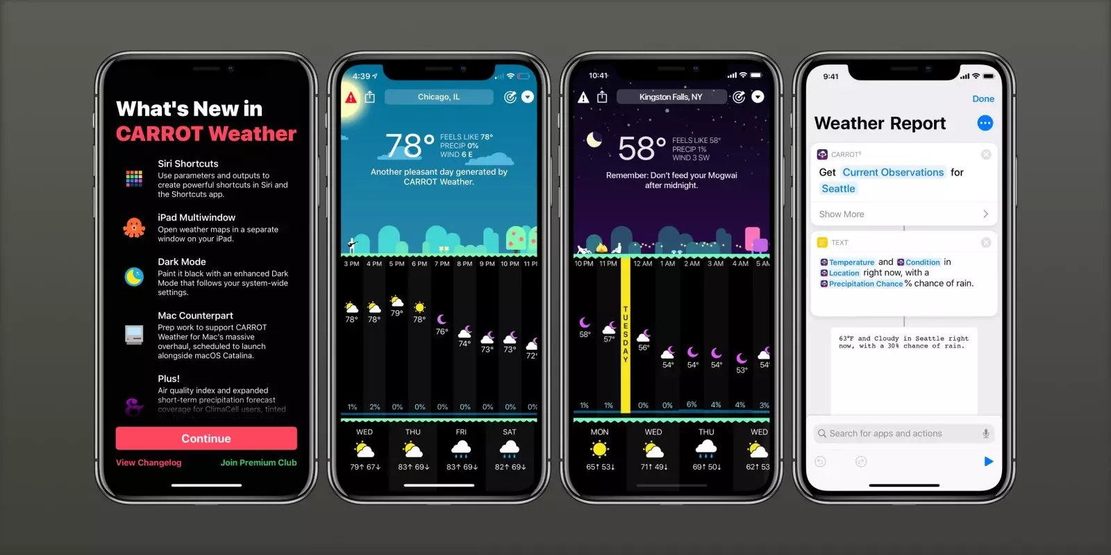 Carrot Weather e fumana tšehetso bakeng sa iOS 13 Mode e Lefifi, iPad multiwindow, app e ikemetseng ea Apple Watch, ho feta. 17742_1