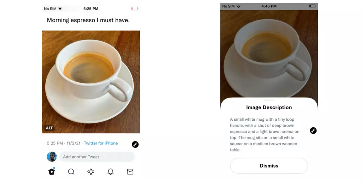 Twitter Accessibilitéit verbessert: Zwee Screengrabs vun Twitter Accessibilitéit Verbesserungen, déi éischt weist den ALT Badge, déi zweet weist den ALT Text