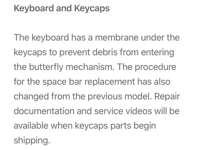 Internal Apple kukonza doc akuti 2018 MacBook Pro kiyibodi imaphatikizapo nembanemba kuteteza zinyalala kulowa makiyi agulugufe. 22000_2