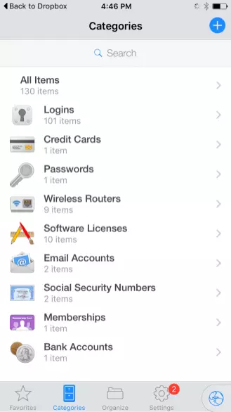 iOS 9 Itzuli Dropboxera 1Password-etik