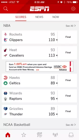 ESPN app yakagadziridzwa w/ kutsva chitarisiko, iPhone 6/6+ & iPad rutsigiro, zvimwe