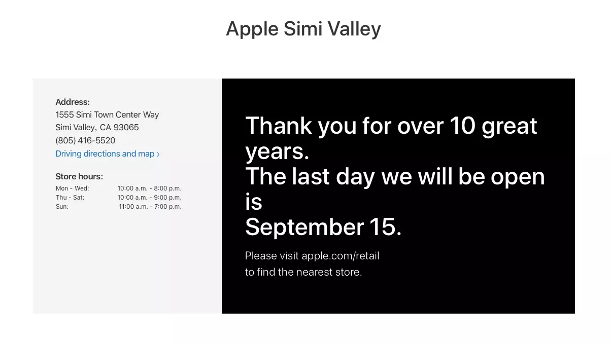 Az Apple bejelentette, hogy a Simi Valley üzlet szeptember 15-én végleg bezár 3531_1