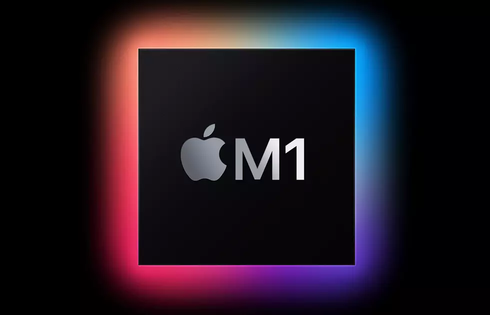 Glóandi svartur ferningur áletraður með Apple merkinu og „M1“.