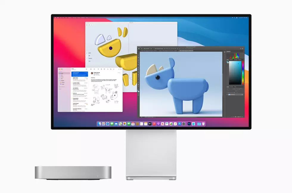 אפליקציות מרובות פועלות ב-Mac mini ומוצגות ב-Pro Display XDR.