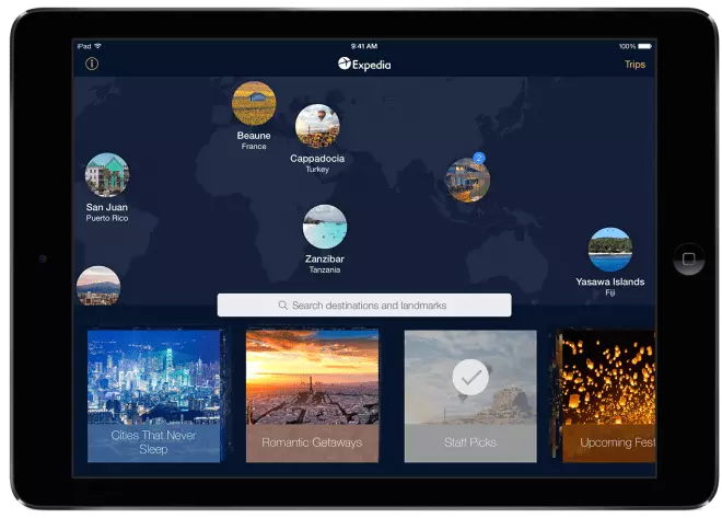 Galvenā lapa — jauna Expedia iPad lietotne