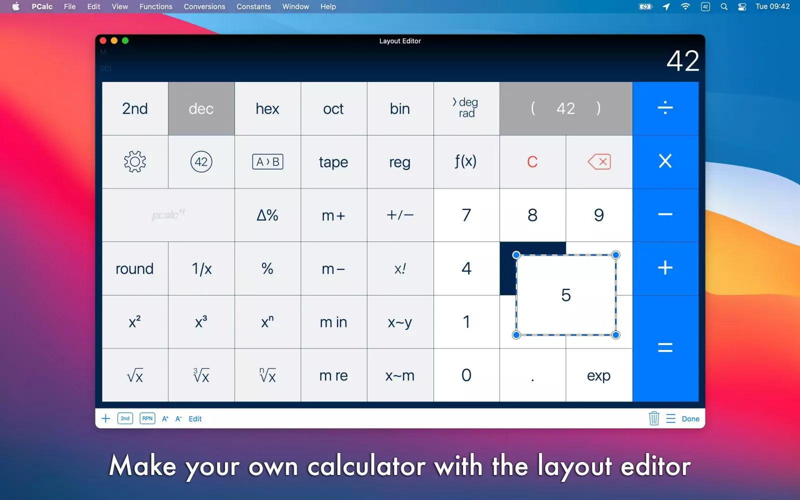 Mac အတွက် PCalc သည် သင်၏ပြီးပြည့်စုံသောဂဏန်းတွက်စက်ကို လွယ်ကူစွာတည်ဆောက်နိုင်ရန် ခိုင်မာသောခလုတ်အပြင်အဆင်အယ်ဒီတာကိုရရှိထားသည်။ 53071_1