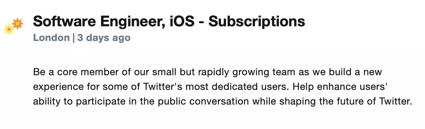 Подписка хезмәтендә Твиттерның эше яңа iOS инженер эш урыннары исемлегенә тартыла [U] 72300_2