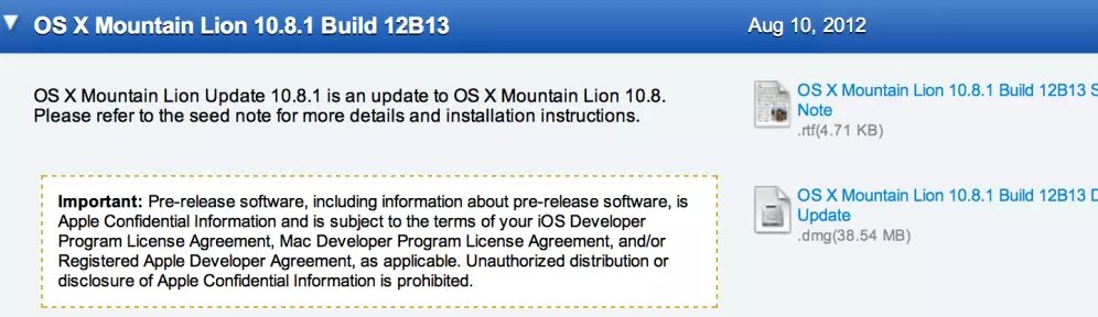 Apple OS X Mountain Lion 10.8.1 (12B13 куруу) биринчи бетасын иштеп чыгуучуларга тапшырды