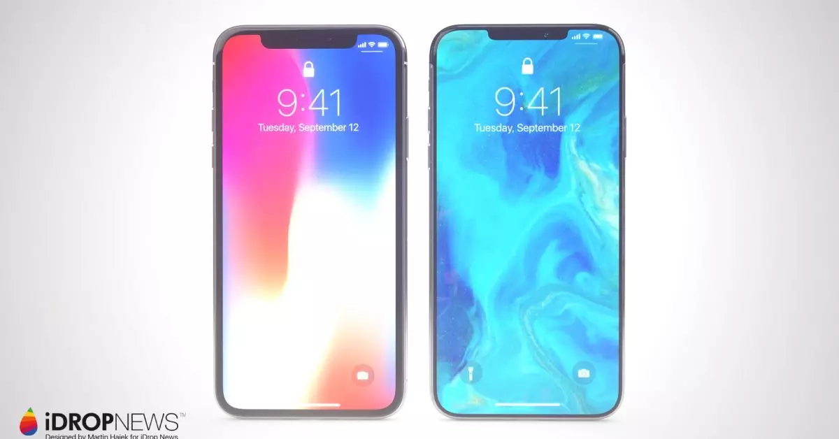 E fana ka maikutlo a bokamoso ba iPhone X w / notch e nyane & bezel, kh'amera e ts'oaroang, tse ling