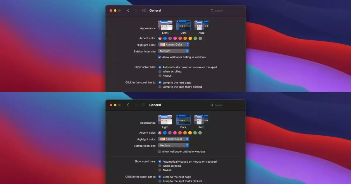 Ang macOS 11 Big Sur nagdugang bag-ong kapilian sa pag-disable sa Desktop Tinting aron mahimo nga labi ka ngitngit ang Dark Mode