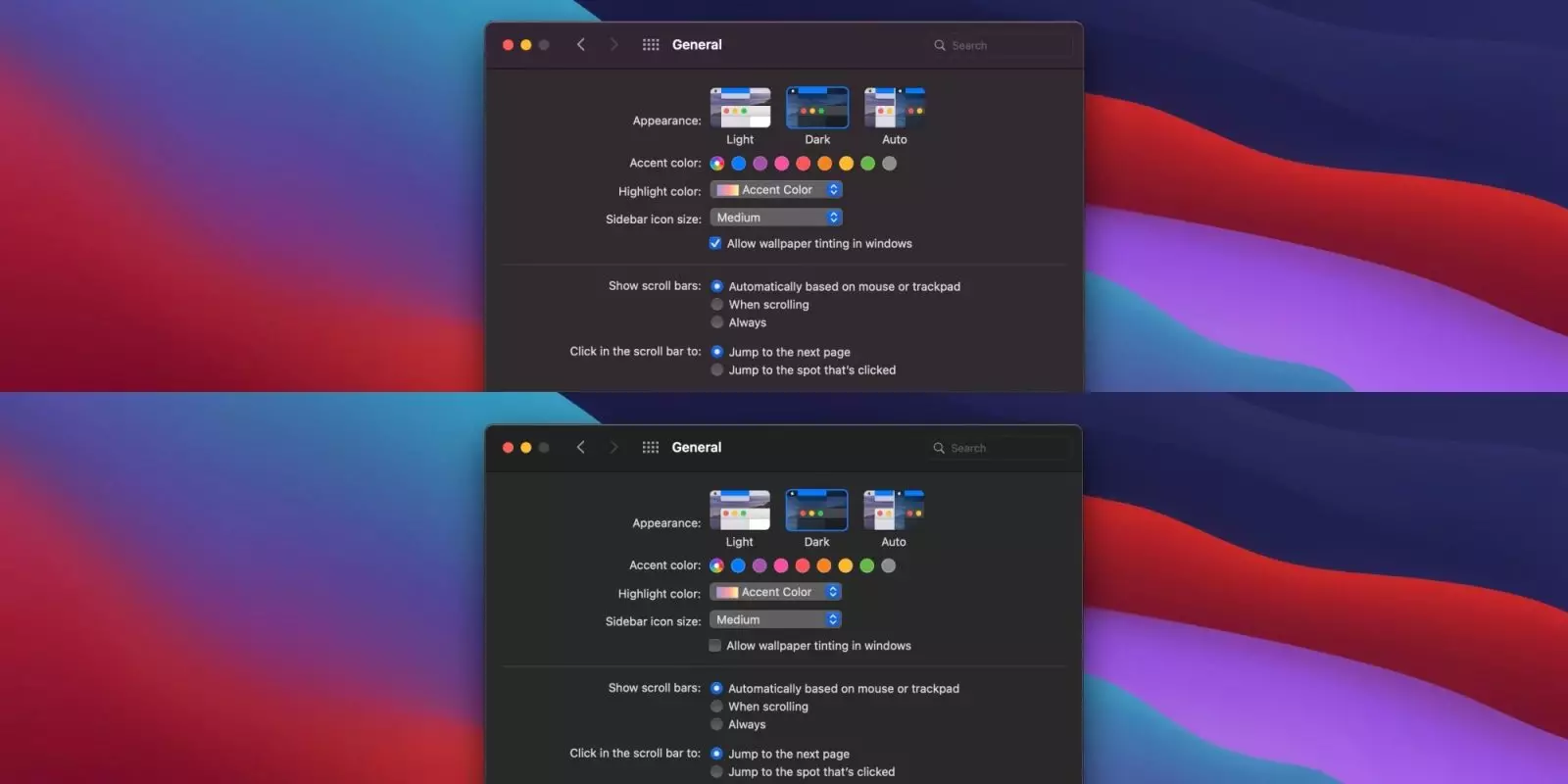 macOS 11 Big Sur aggiunge una nuova opzione per disabilitare la colorazione del desktop per rendere la modalità oscura ancora più scura 79067_1