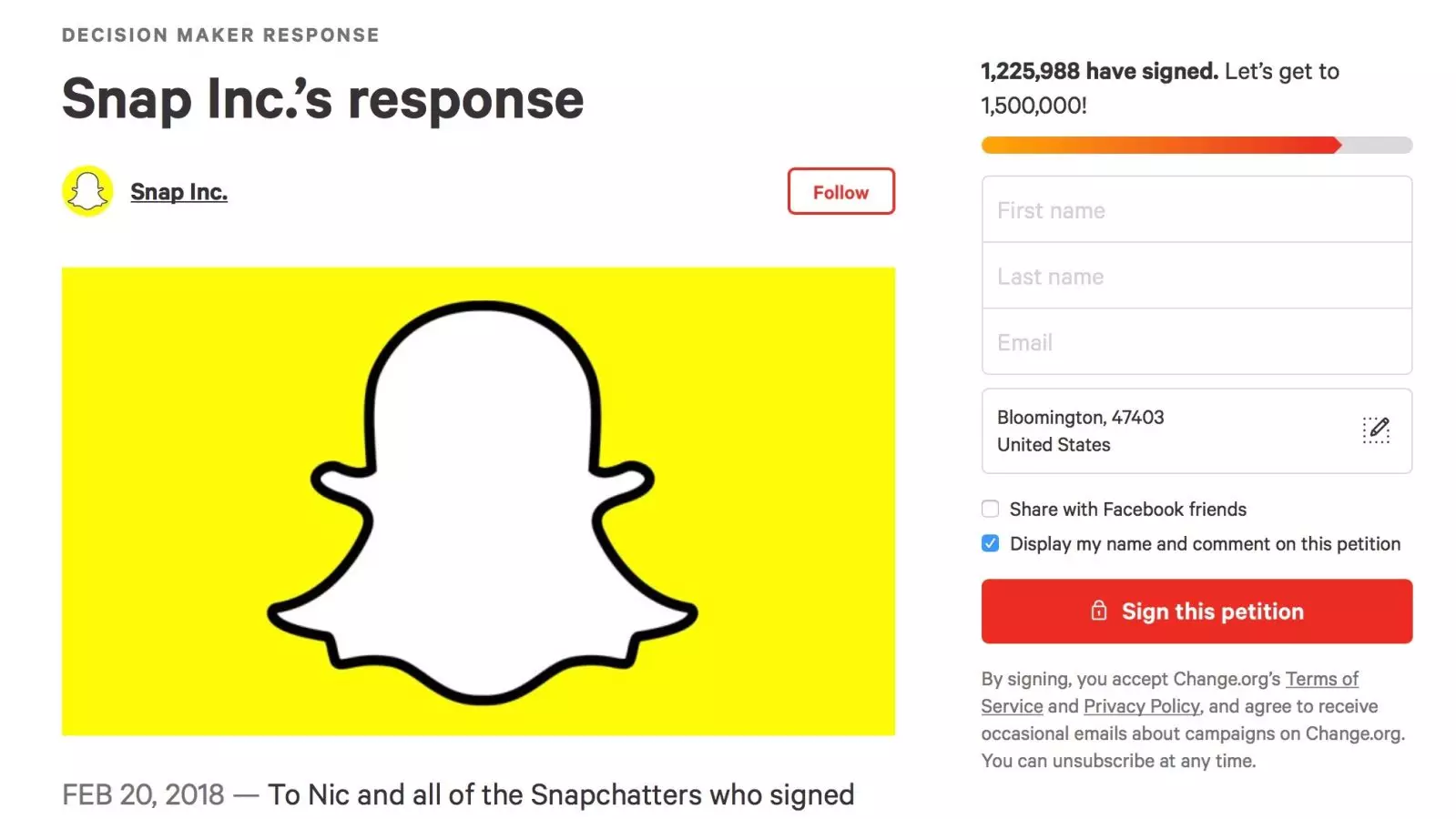 Snapchat inopindura zviri pamutemo kune anti-redesign chikumbiro neinopfuura 1M siginecha 79357_1