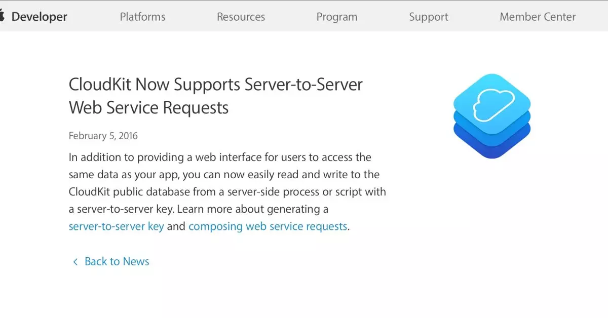 Apple dia manampy ny server API amin'ny CloudKit, manokatra ny fahafahan'ny mpamorona vaovao ho an'ny serivisy iCloud